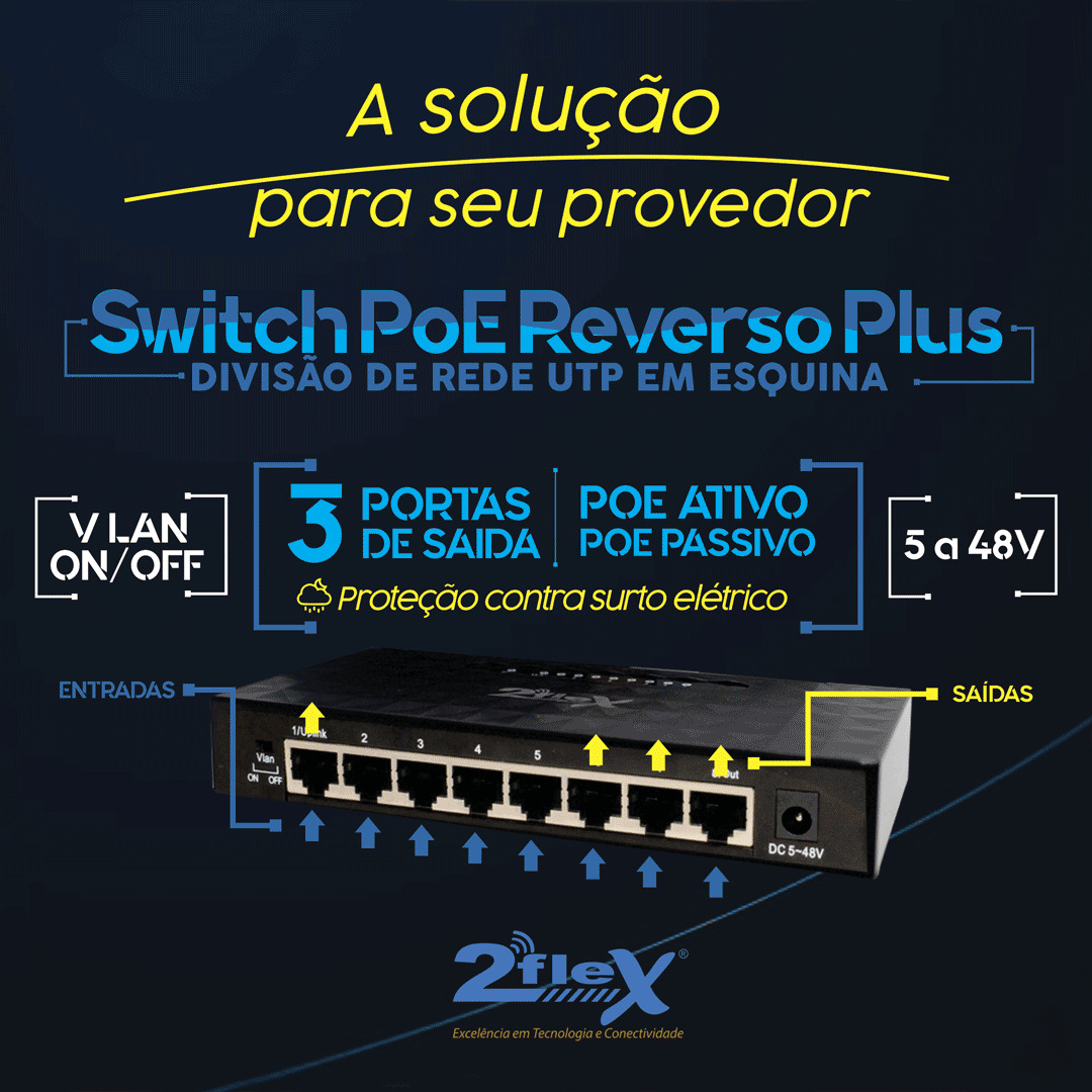 SWITCH 8PTS 10/100 POE REVERSO+VLAN 2FLEX N1008PLUS - BaixadaNet Telecom